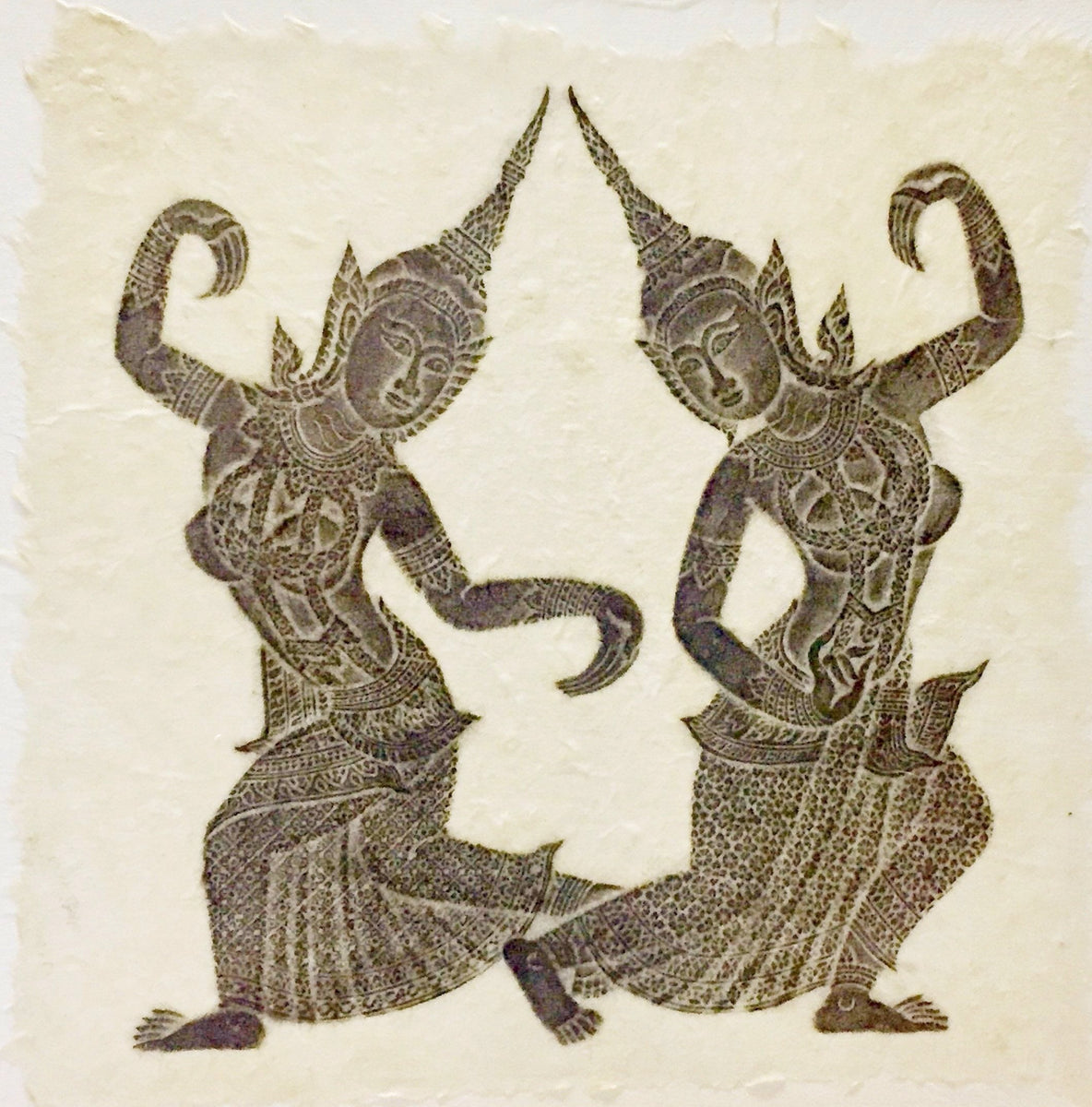 Abstract Thai Dancers - Charcoal drawing over rice paper on canvas ...